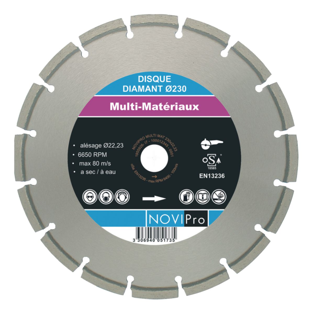 NOVIPRO - Disque diamant multi-matériaux Novipro diamètre 230mm alésage 22,2mm béton, fer ...