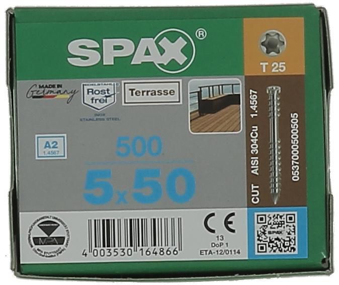 SPAX - Vis SPAX Deck spécial terrasse inox A2 5x50 boîte de 500 | Dispano